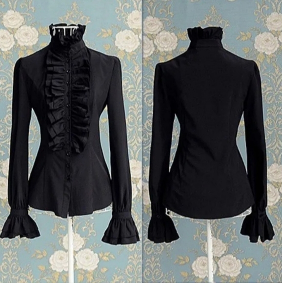 Tops | Ls Deep V Neck Victorian Button Ruffled Front Closure Blouse ...